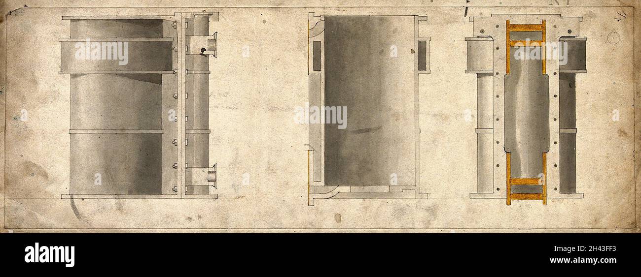 Engineering: a cylindrical tank, section, front and side elevations ...