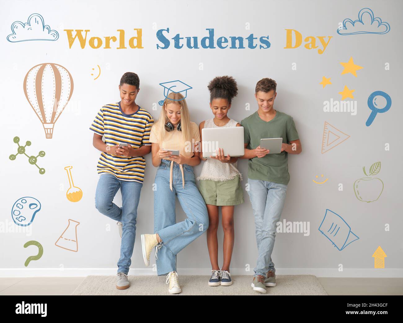 Greeting card for World Students Day with group of teenagers Stock ...