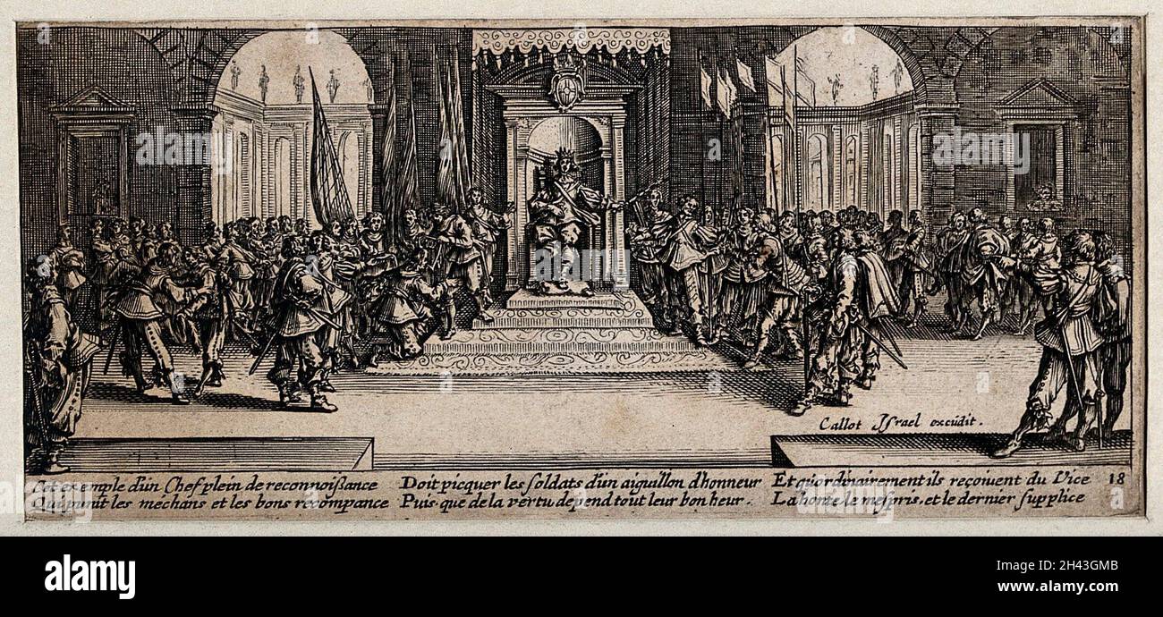 A grateful military leader presenting virtuous soldiers with awards and ...