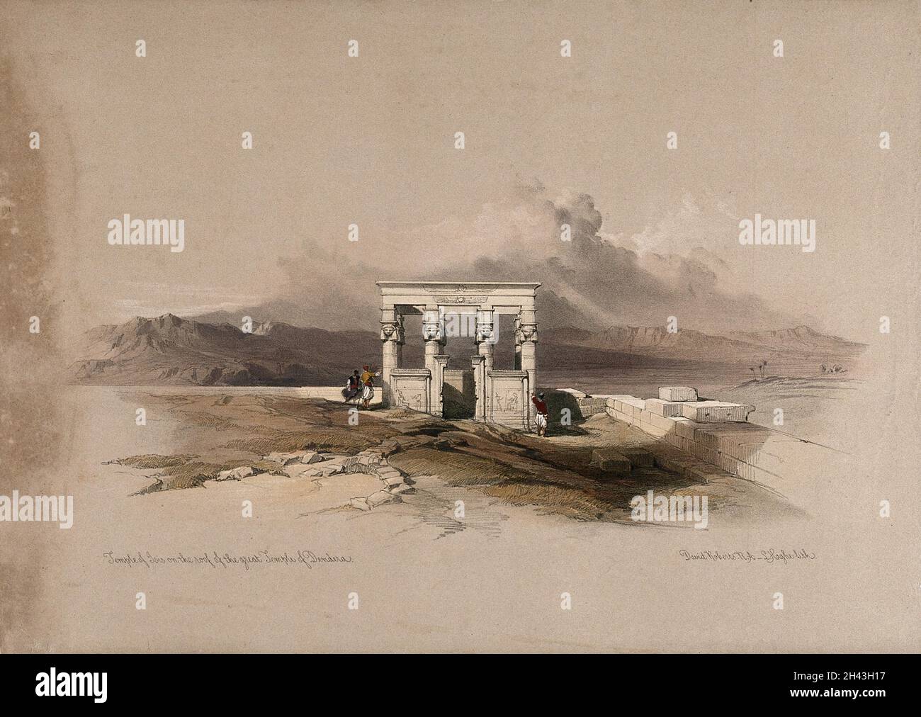 Temple of Isis on the roof of the temple at Dendera, Egypt. Coloured ...