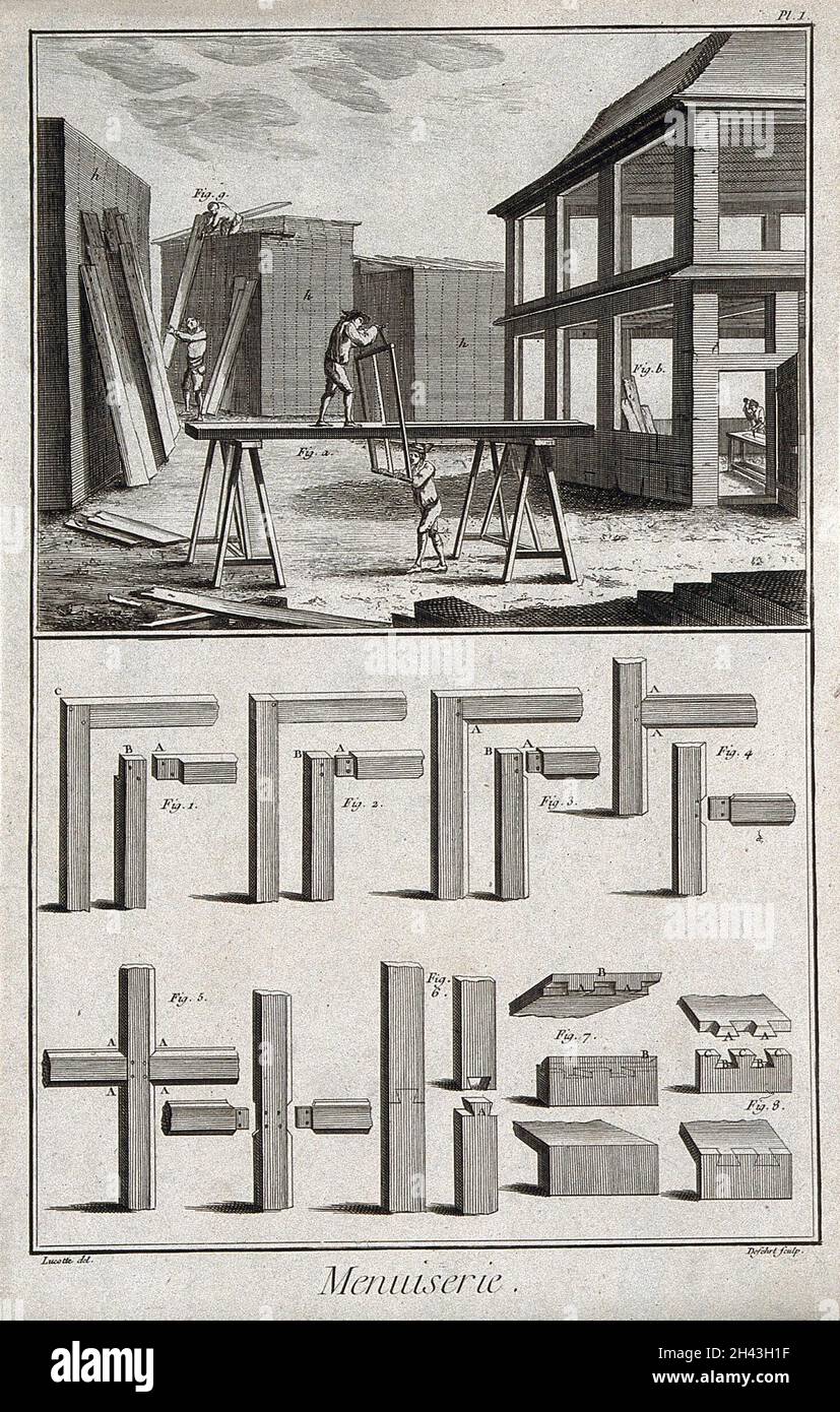 Joinery: a joiner's yard, with men at work (top), various types of ...
