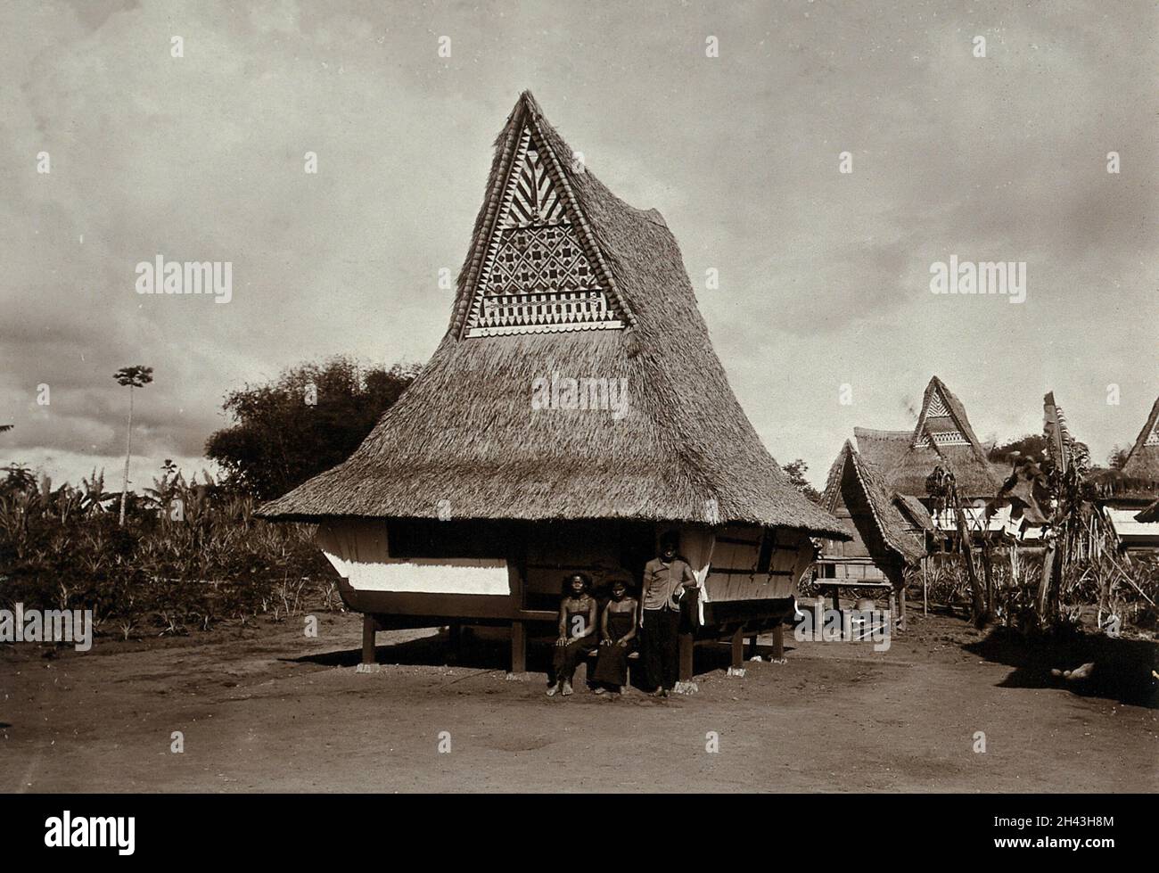 A house with a high, pointed thatch roof with decorative detail; behind ...