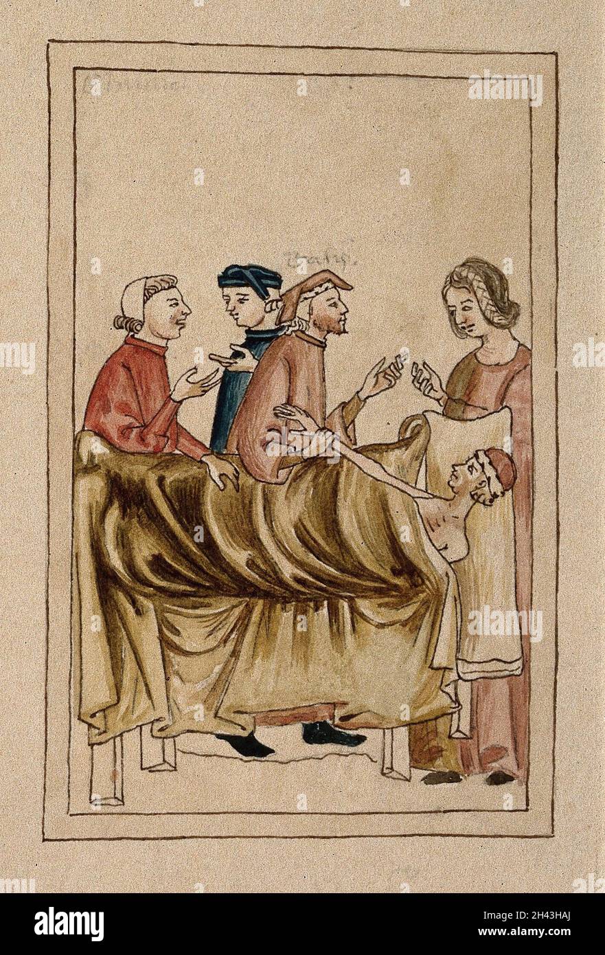 A sick man lies in bed while a physician takes his pulse and others ...