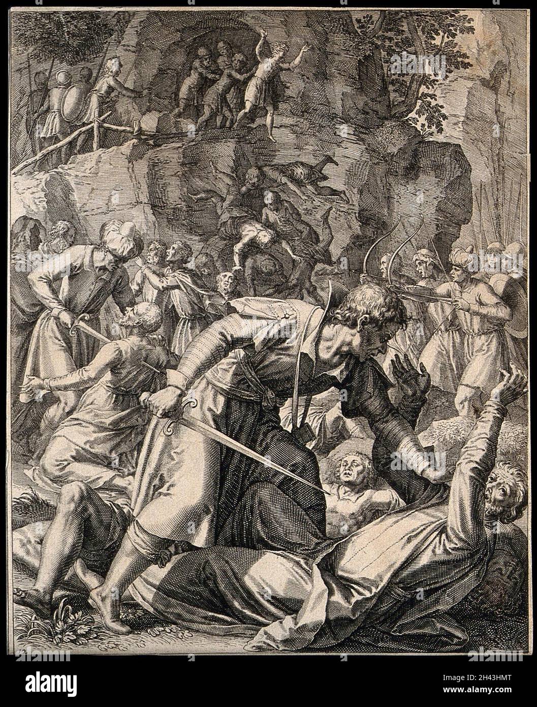 A massacre by a group of soldiers. Engraving Stock Photo - Alamy