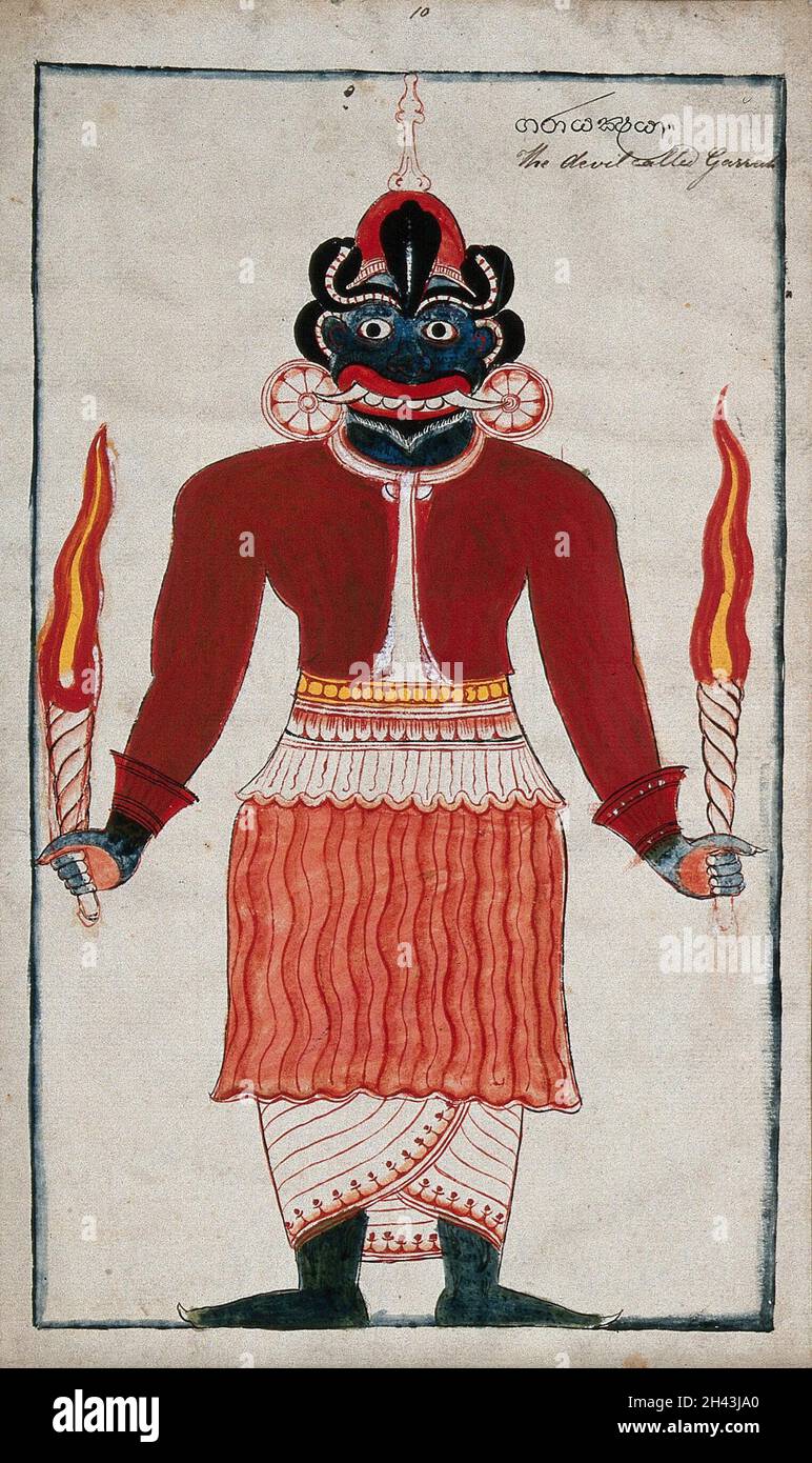A Sinhalese devil called Garrah holding two flaming torches in each ...