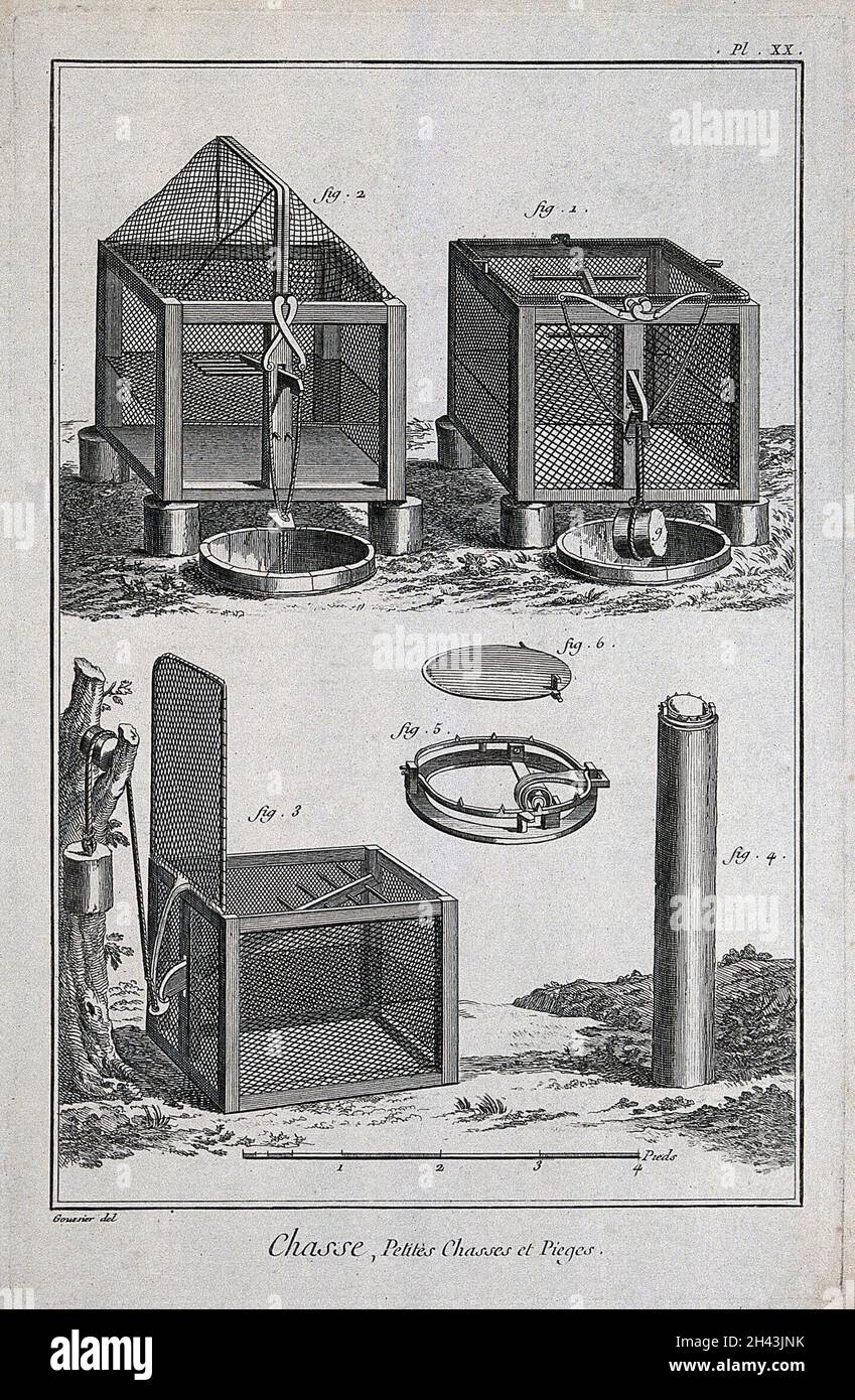 Hunting: two variants of a trap for catching roosting birds. Engraving ...