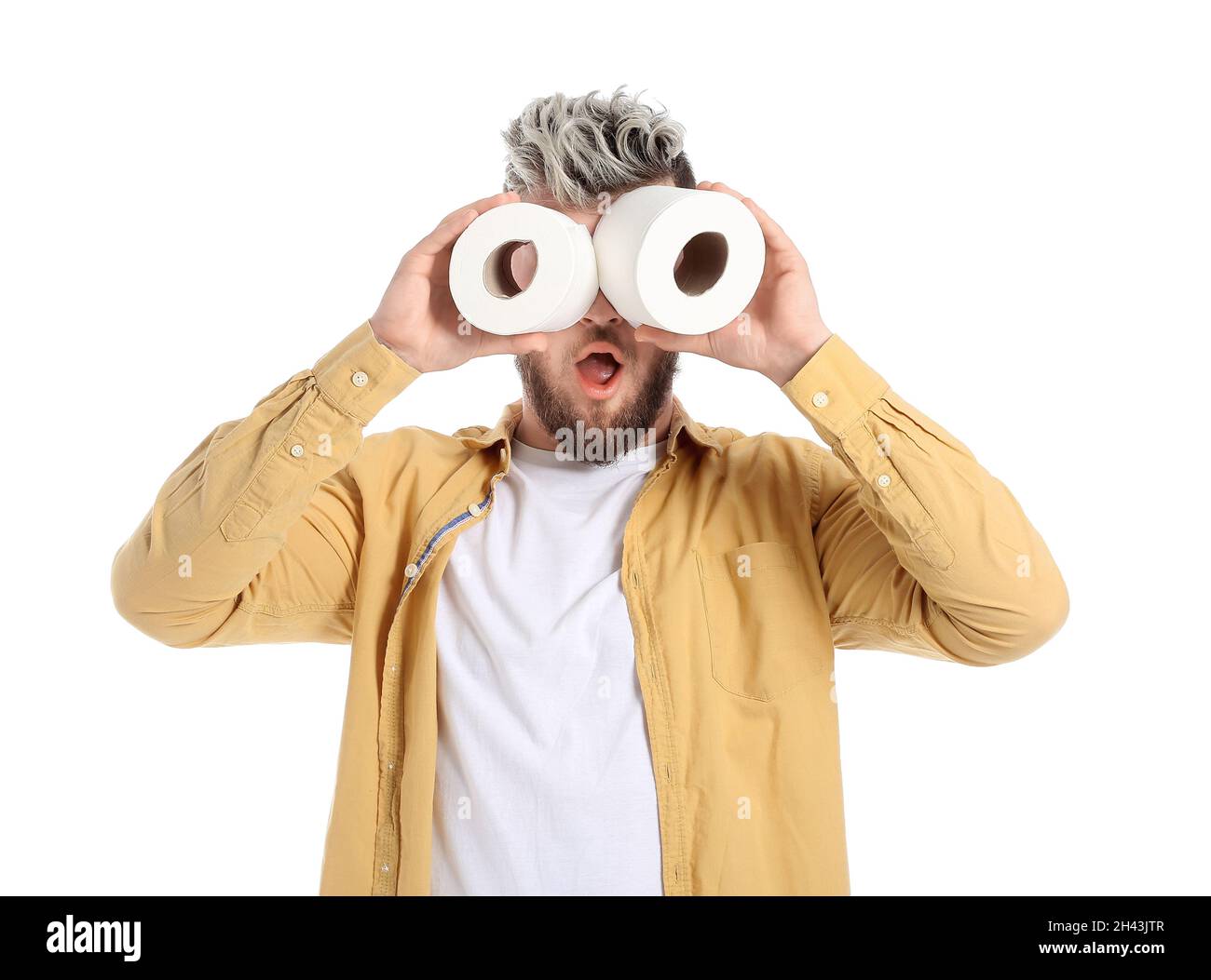 Funny young man with toilet paper on white background Stock Photo - Alamy