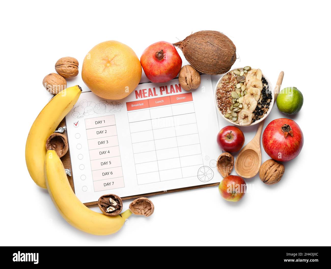 Meal plan with healthy food on white background Stock Photo - Alamy