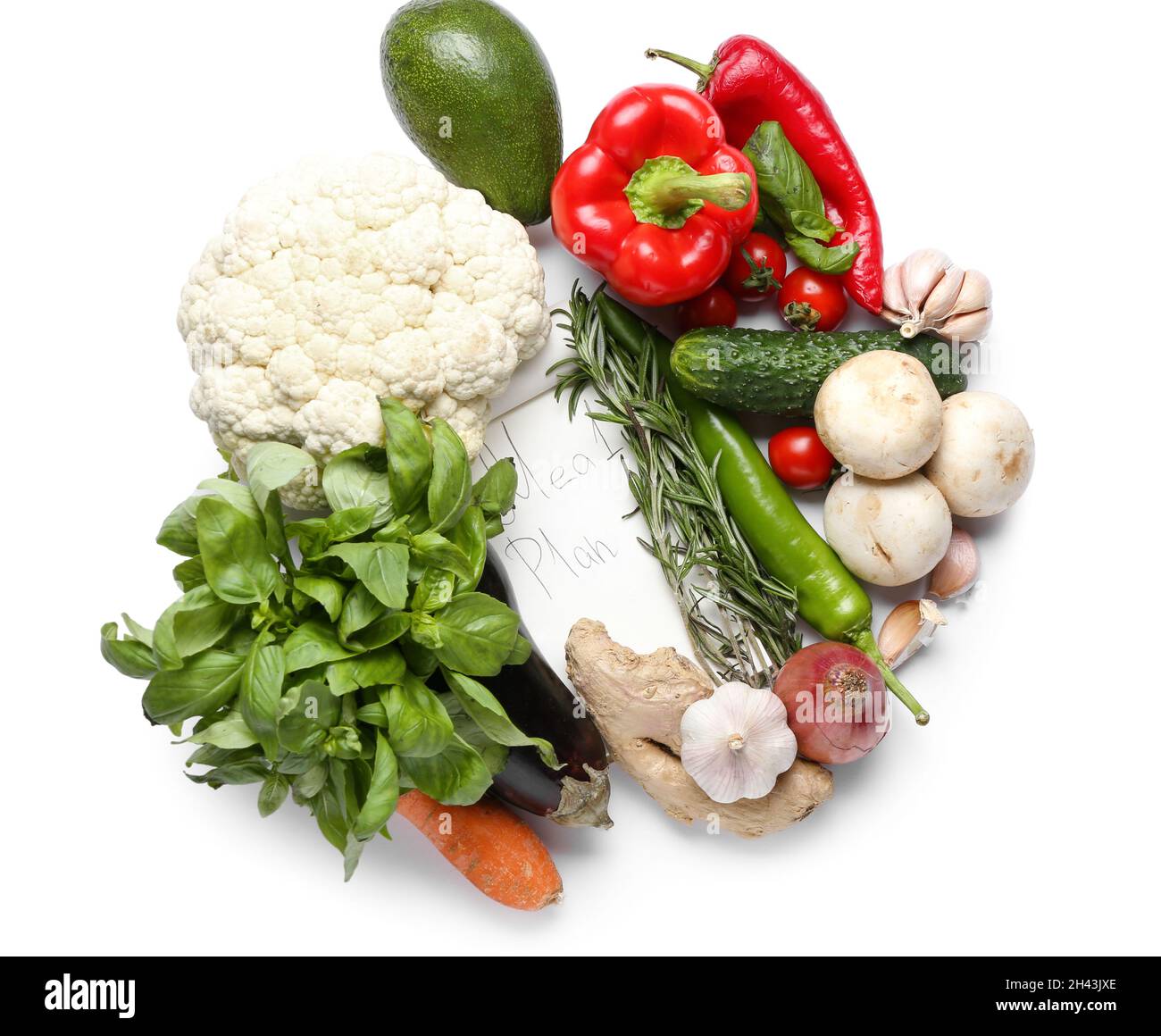 Paper sheet with text MEAL PLAN and fresh vegetables on white ...