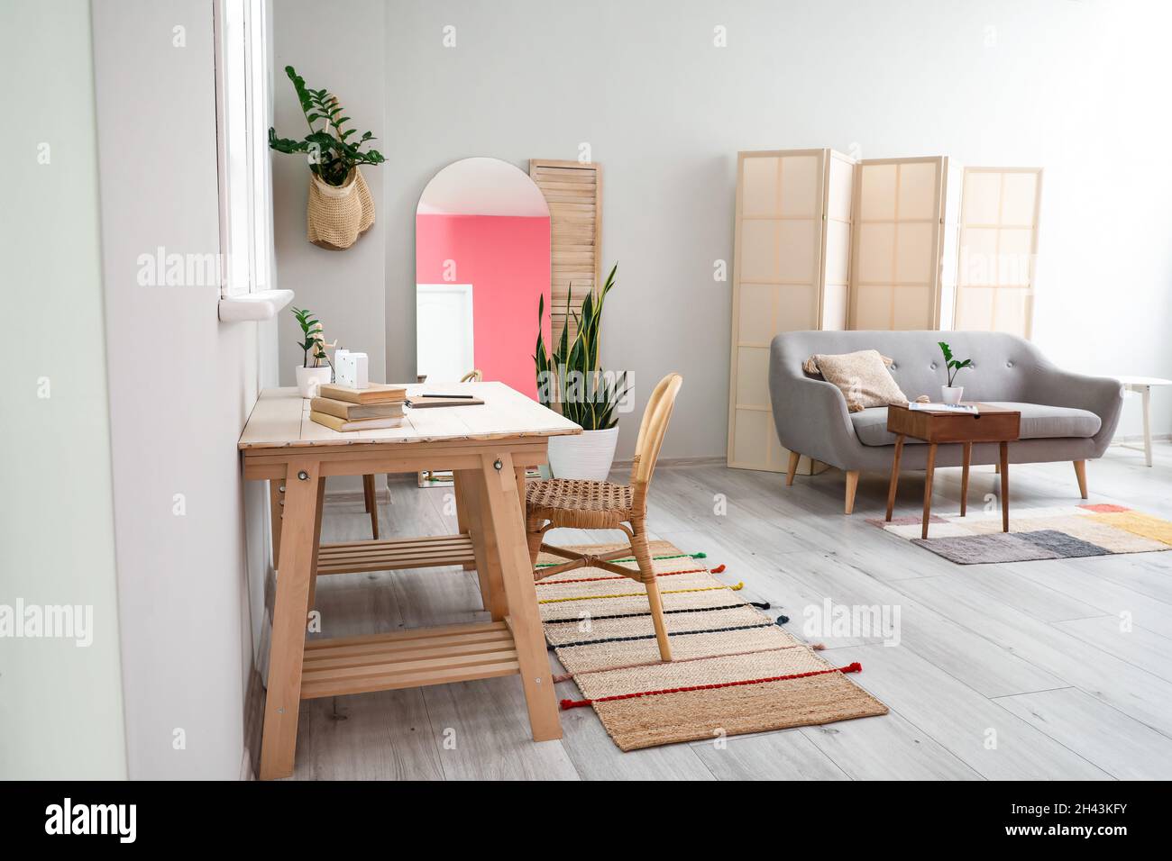 Modern living room interior with stylish mirror, sofa and table Stock ...