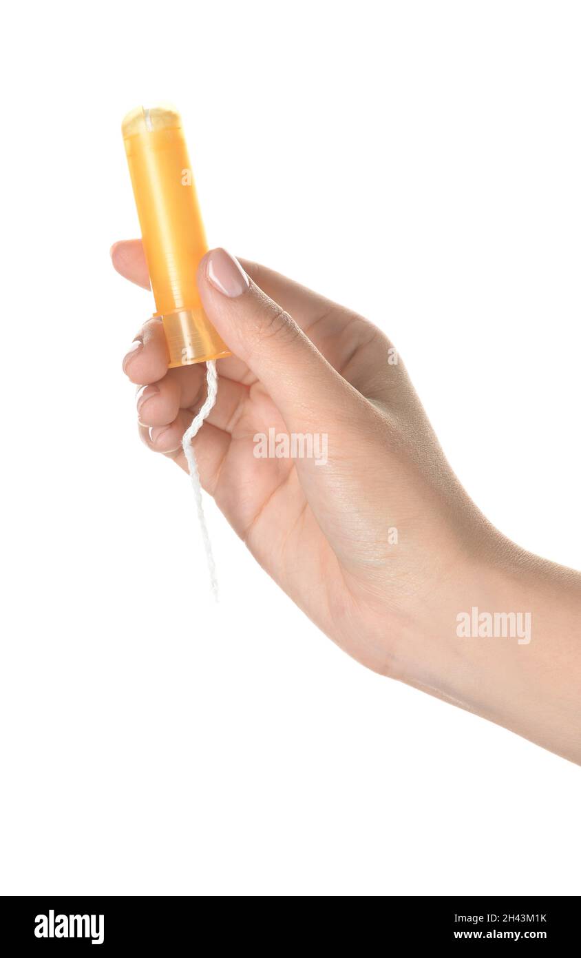 Female hand with menstrual tampon on white background Stock Photo - Alamy