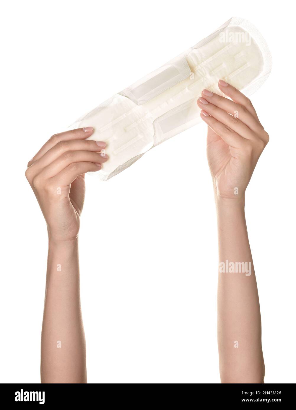 Female hands with menstrual pad on white background Stock Photo - Alamy