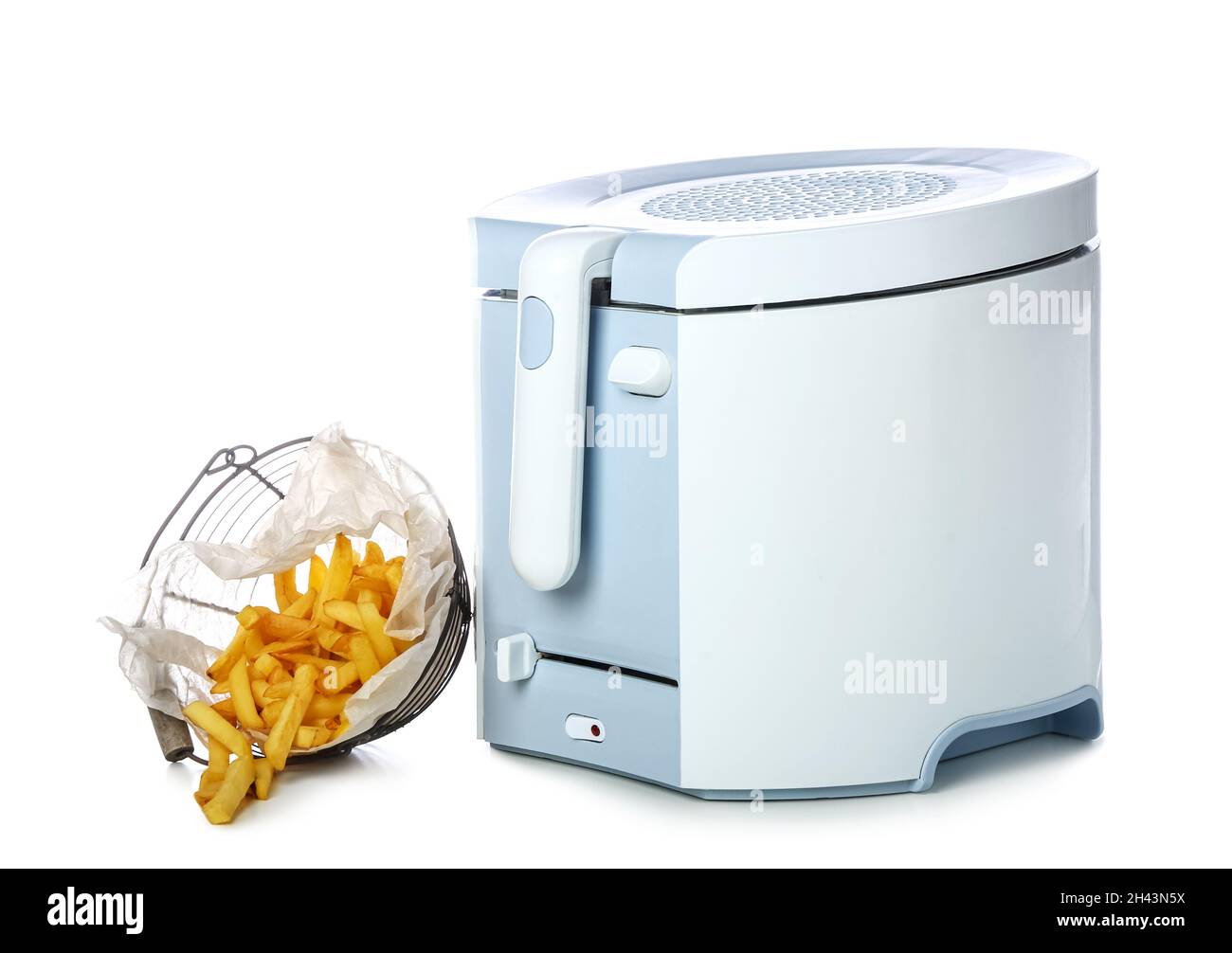 Modern deep fryer with french fries on white background Stock Photo - Alamy