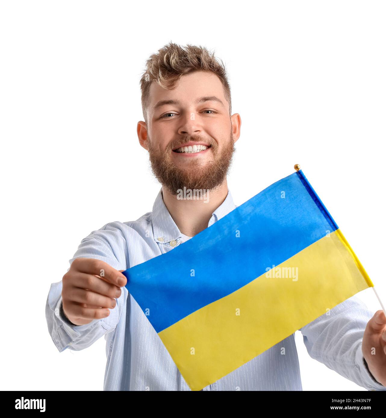 Happy young man with Ukrainian flag on white background Stock Photo - Alamy