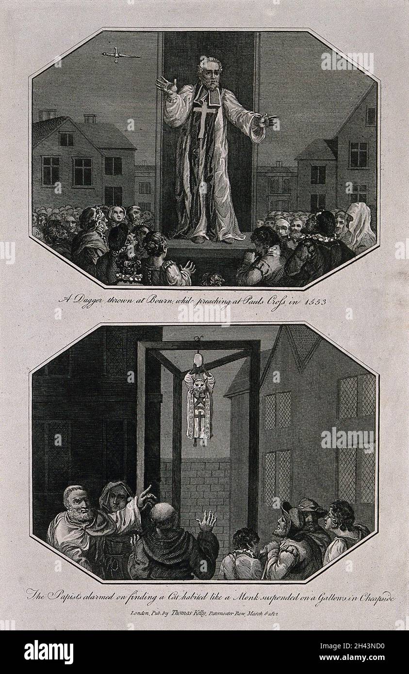 Above, a dagger is thrown in the direction of a priest on a platform ...