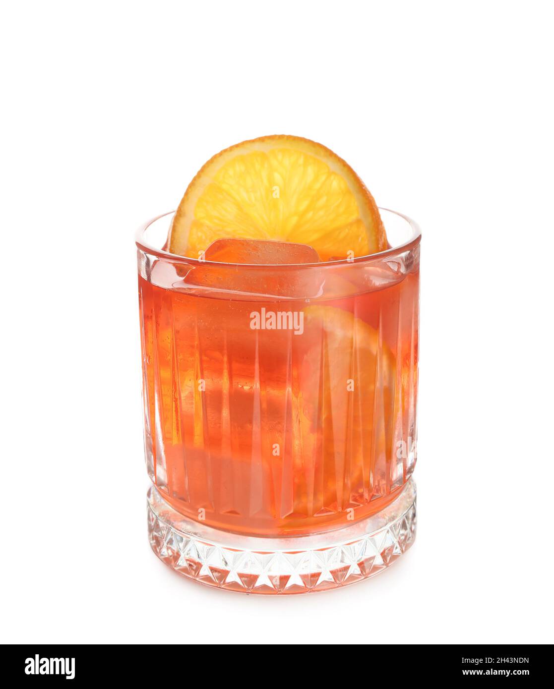 Glass of negroni cocktail with lemon slice on white background Stock ...