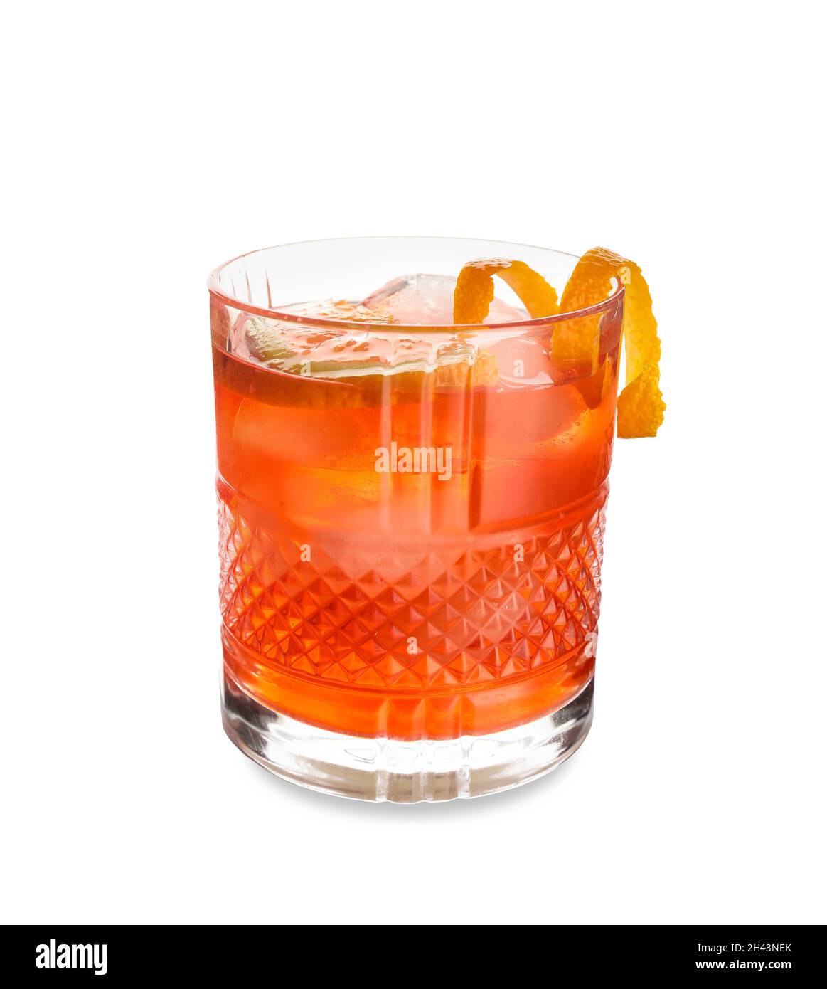Glass of negroni cocktail with lemon peel on white background Stock ...