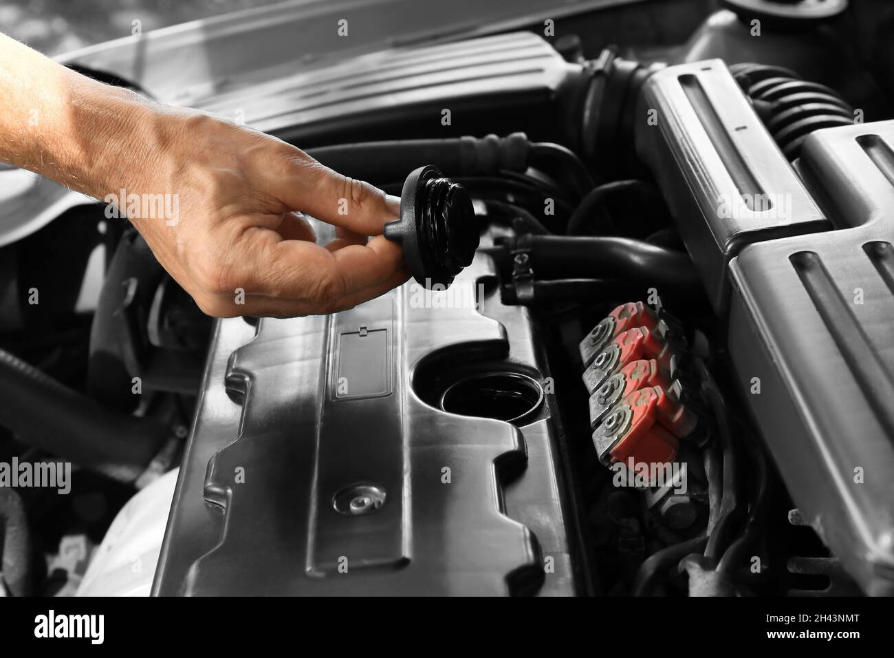 Male mechanic changing car engine oil Stock Photo - Alamy
