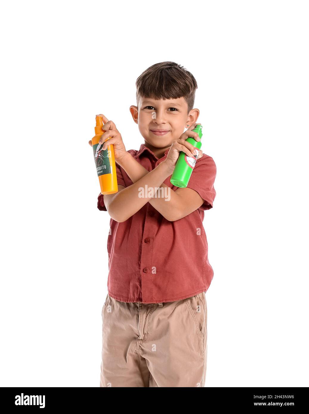 Little boy with mosquito repellents on white background Stock Photo - Alamy