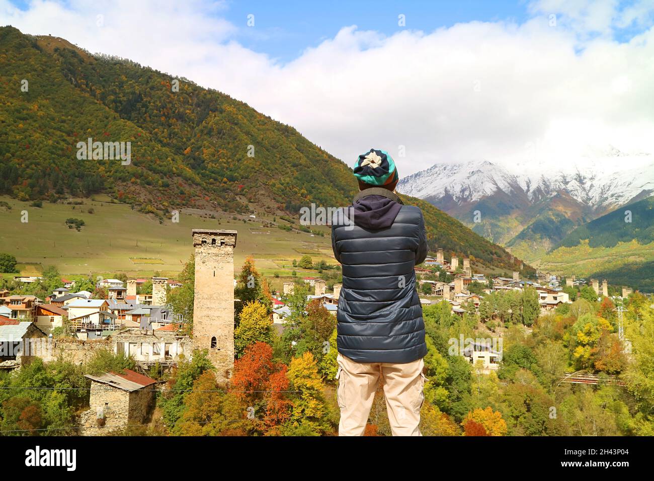 A Man Impressed by the Amazing View of Mestia Town with Svan Tower ...