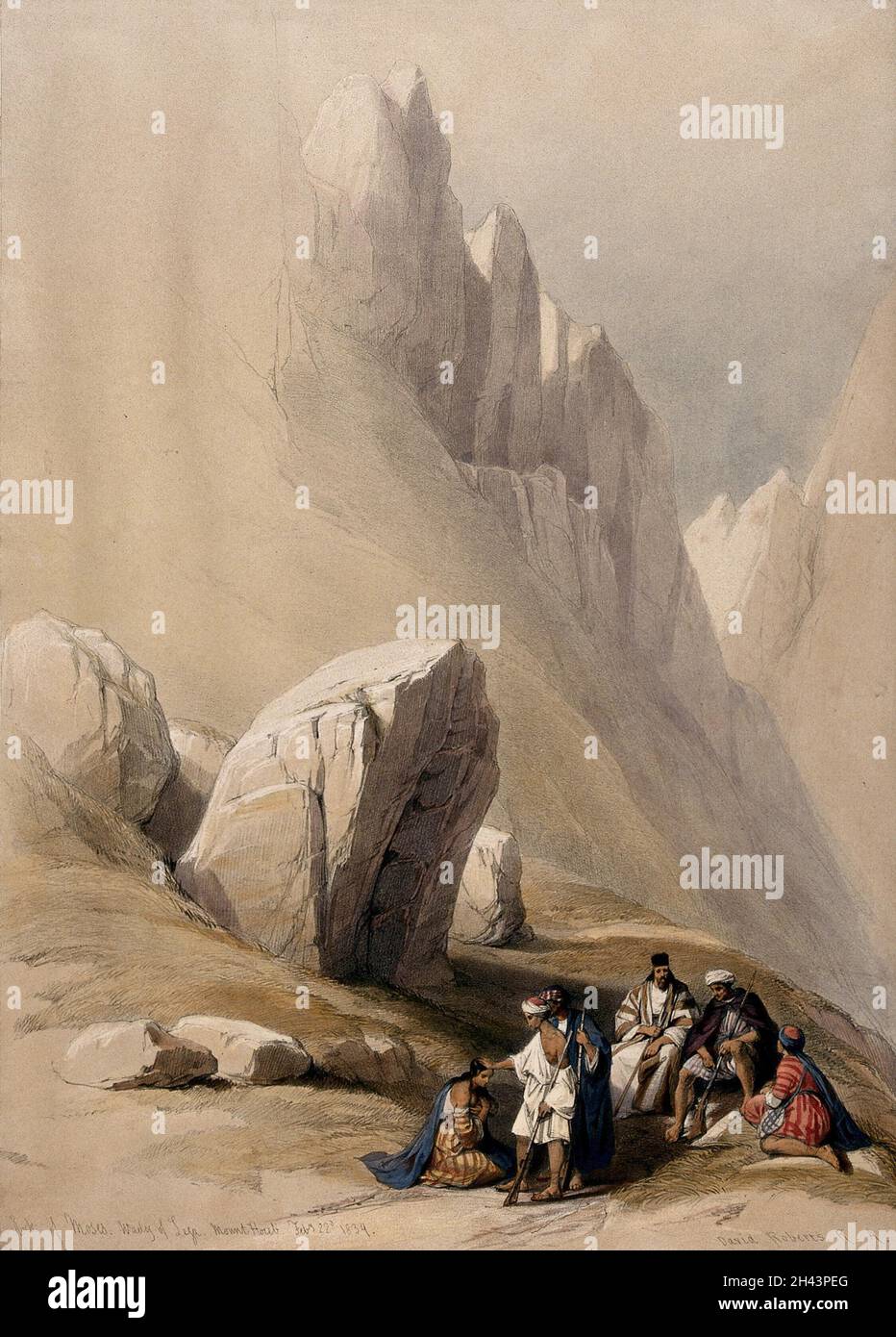 The Rock of Moses in Wady-El-Leja valley, west of Mount Sinai. Coloured ...