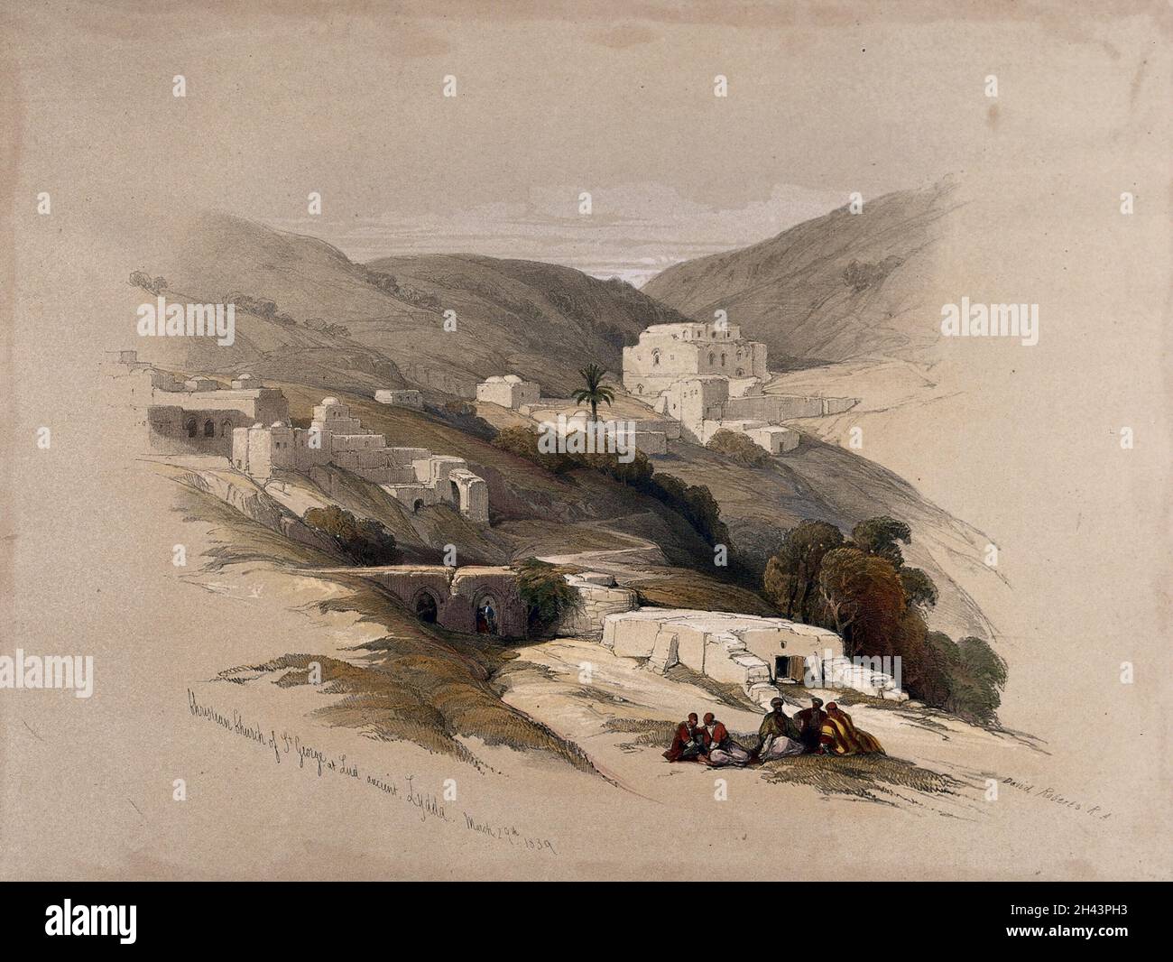 Ruins of the church of St. George at Ludd. Coloured lithograph by Louis ...