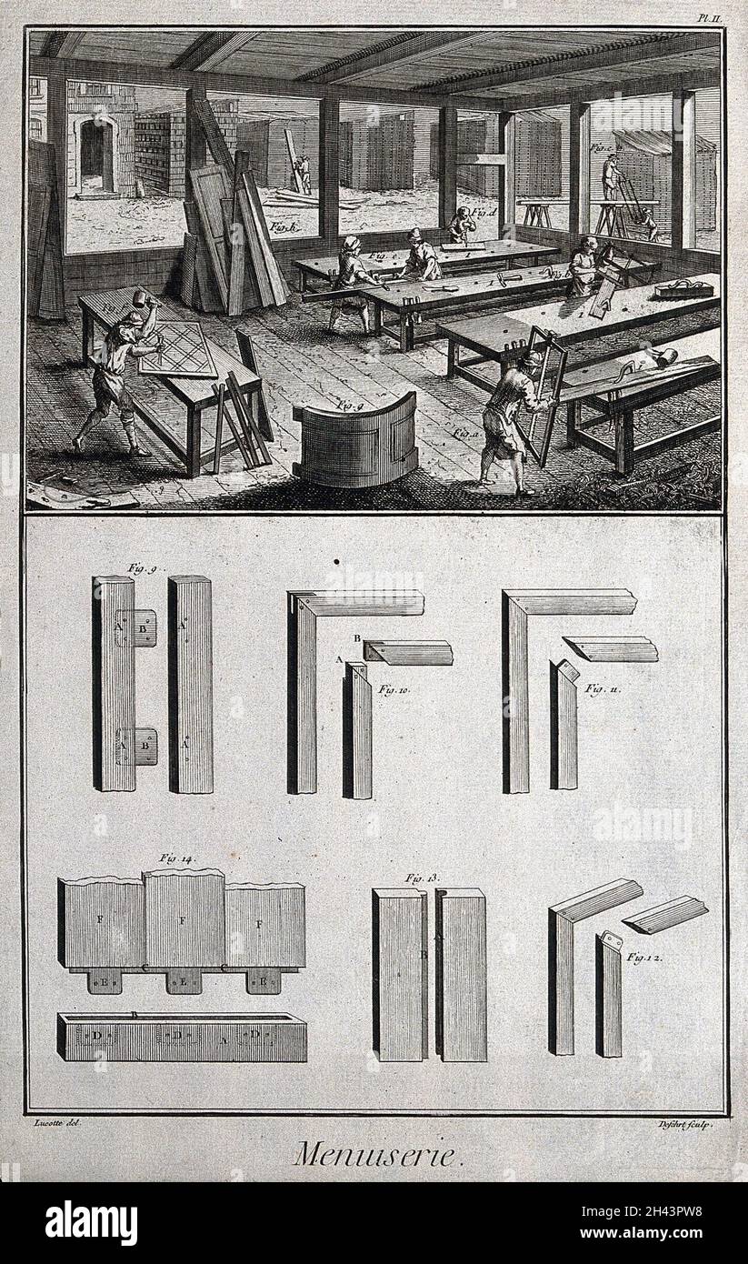 Carpentry: inside a joiner's workshop, with men at work (top), various ...