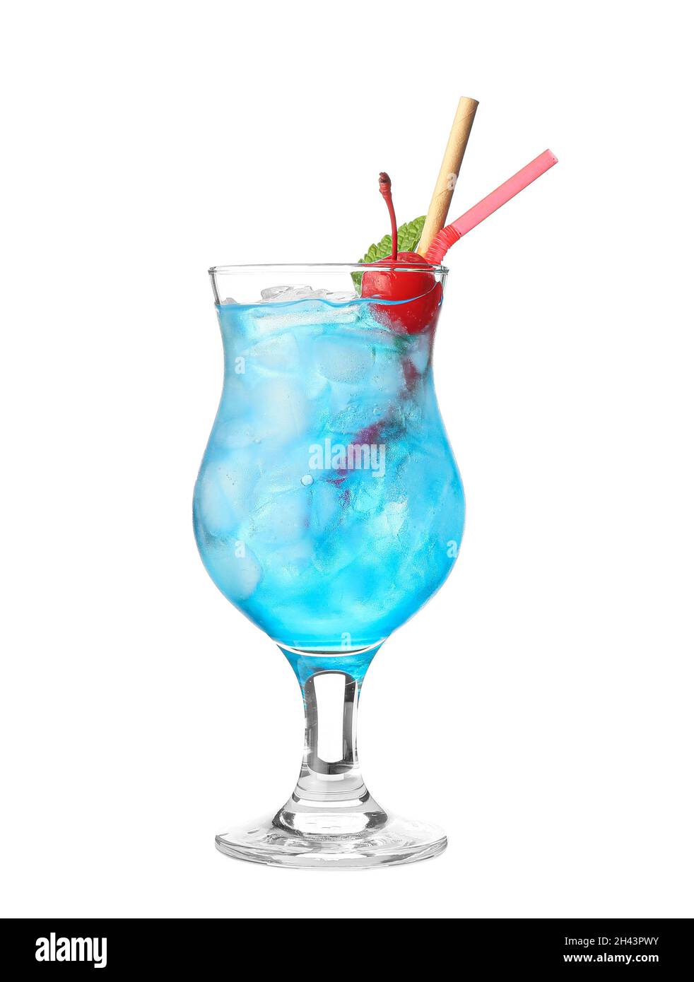 Glass of Blue Lagoon cocktail on white background Stock Photo - Alamy