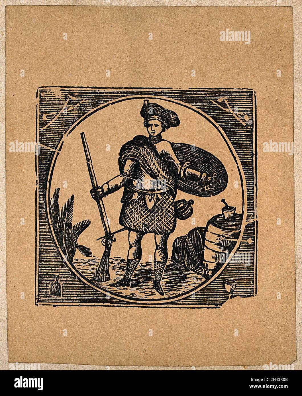 A Scotsman with a rifle, sword and shield guarding barrels (of tobacco ...