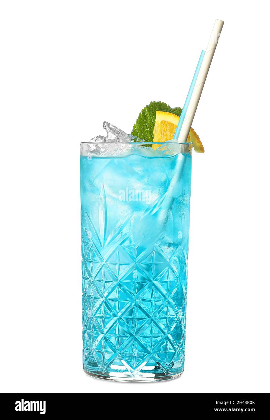 Glass of Blue Lagoon cocktail on white background Stock Photo - Alamy