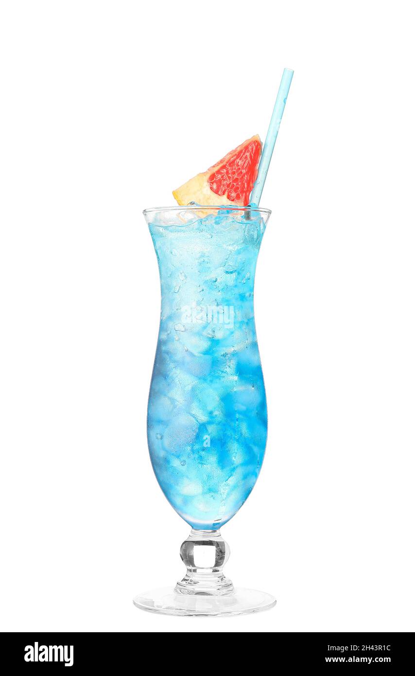Glass of Blue Lagoon cocktail on white background Stock Photo - Alamy