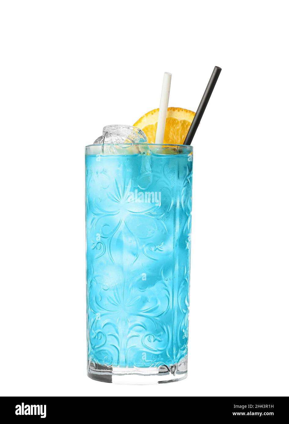 Glass of Blue Lagoon cocktail on white background Stock Photo - Alamy