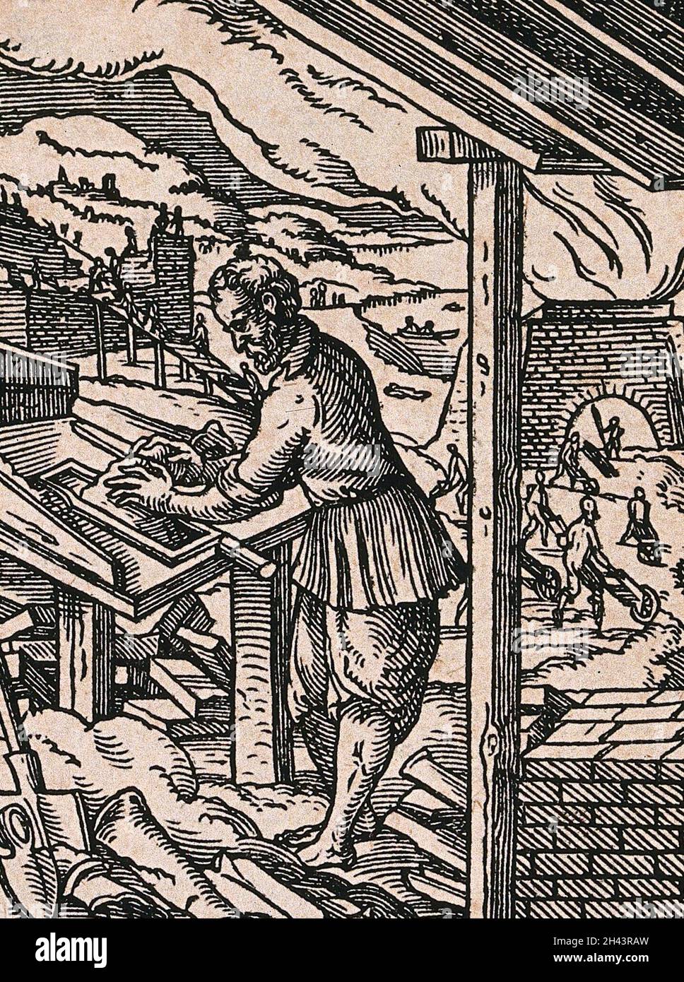 A brickmaker making bricks: others carry them away in wheelbarrows to ...