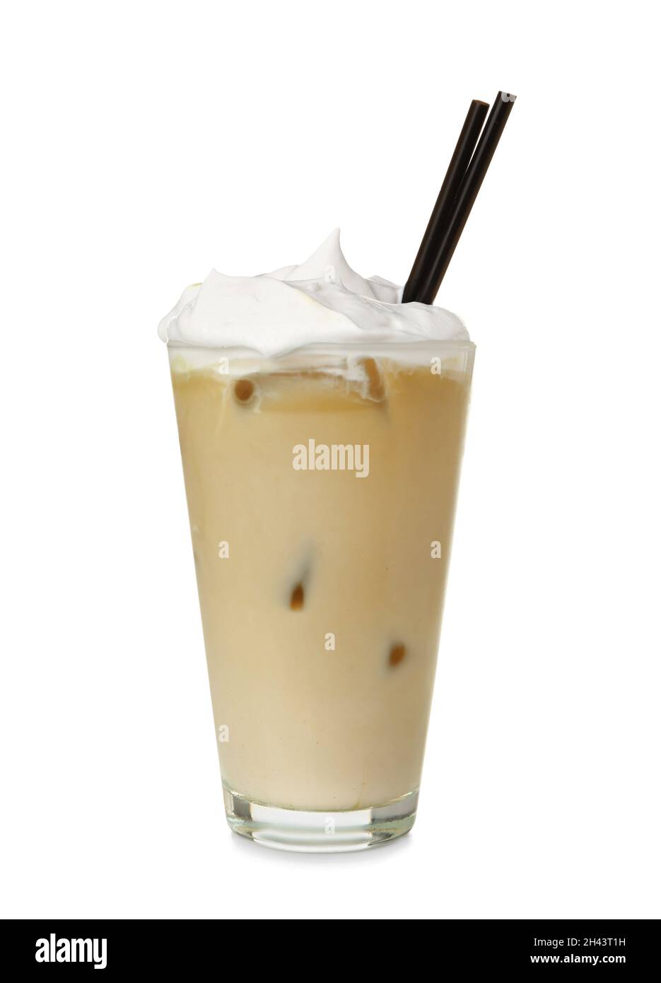Glass of iced hojicha latte on white background Stock Photo - Alamy