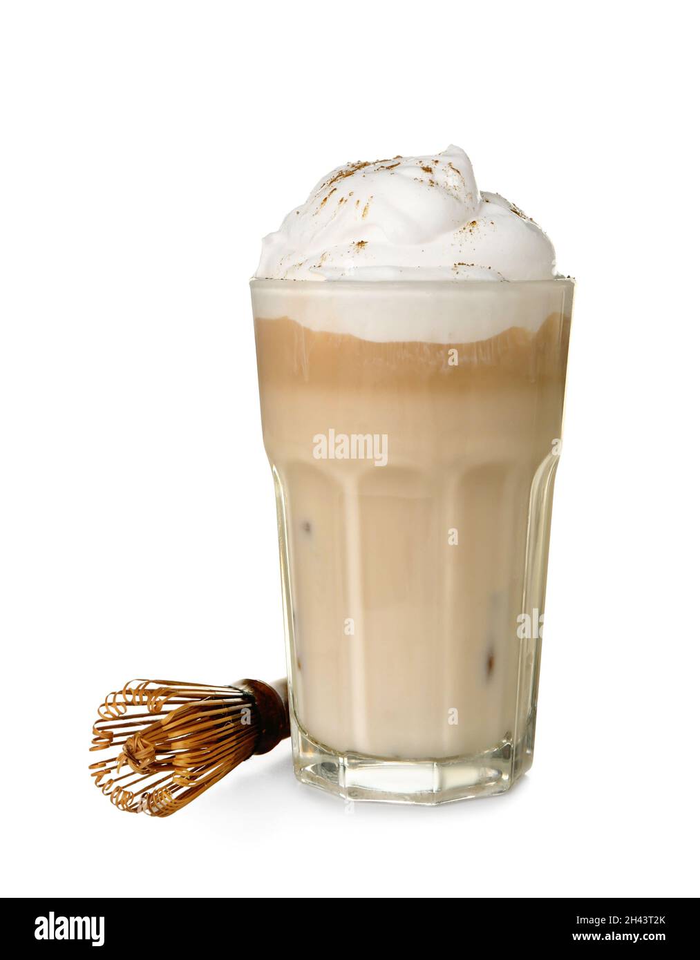 Glass of iced hojicha latte on white background Stock Photo - Alamy