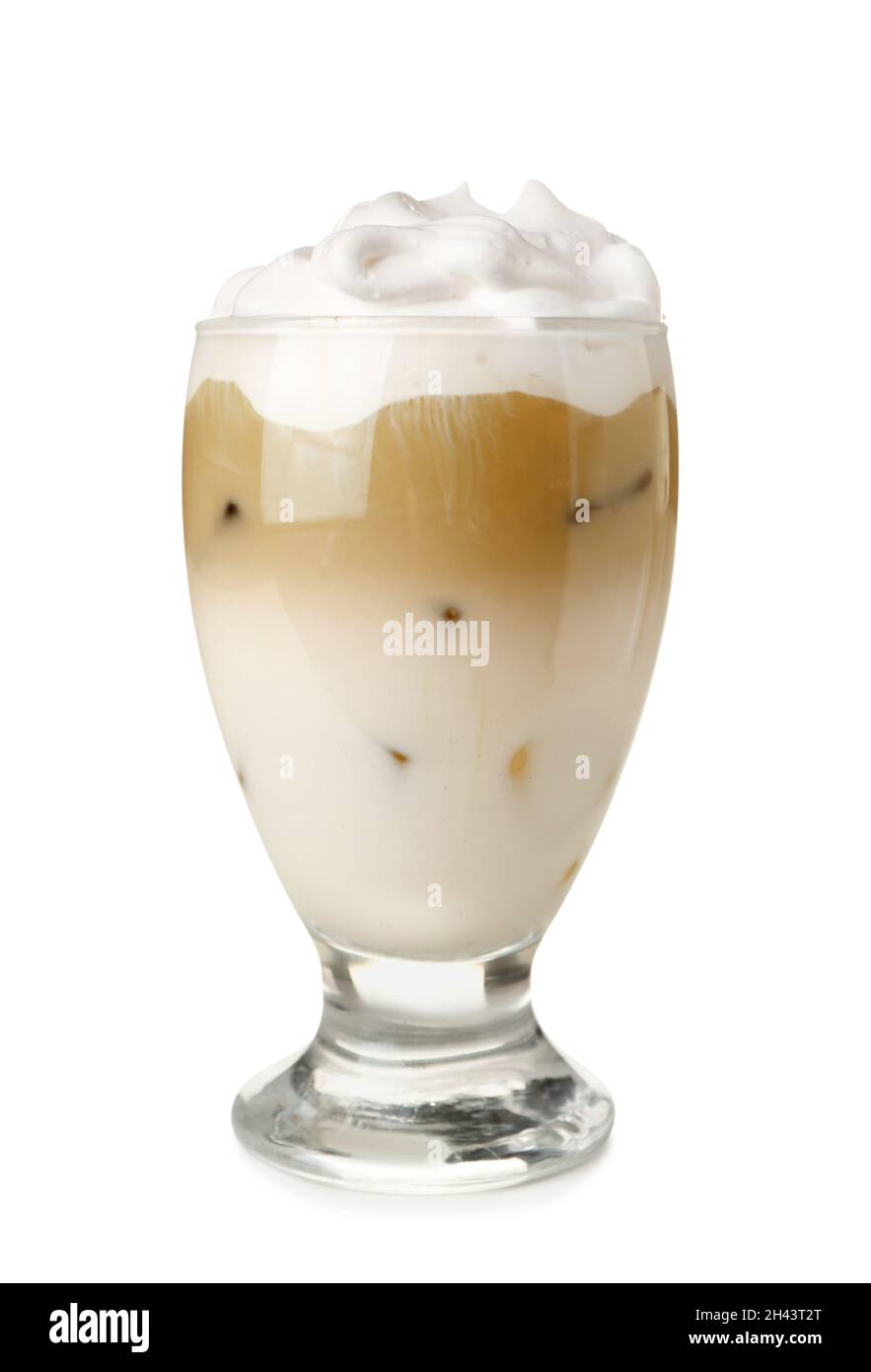 Glass of iced hojicha latte on white background Stock Photo - Alamy