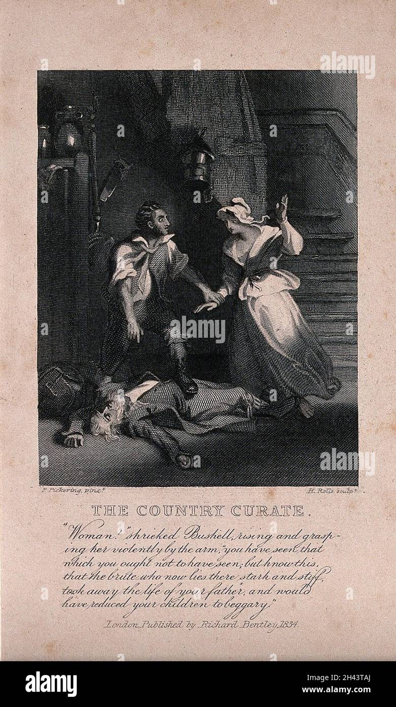 A young man standing with his right foot on the corpse of an old man ...