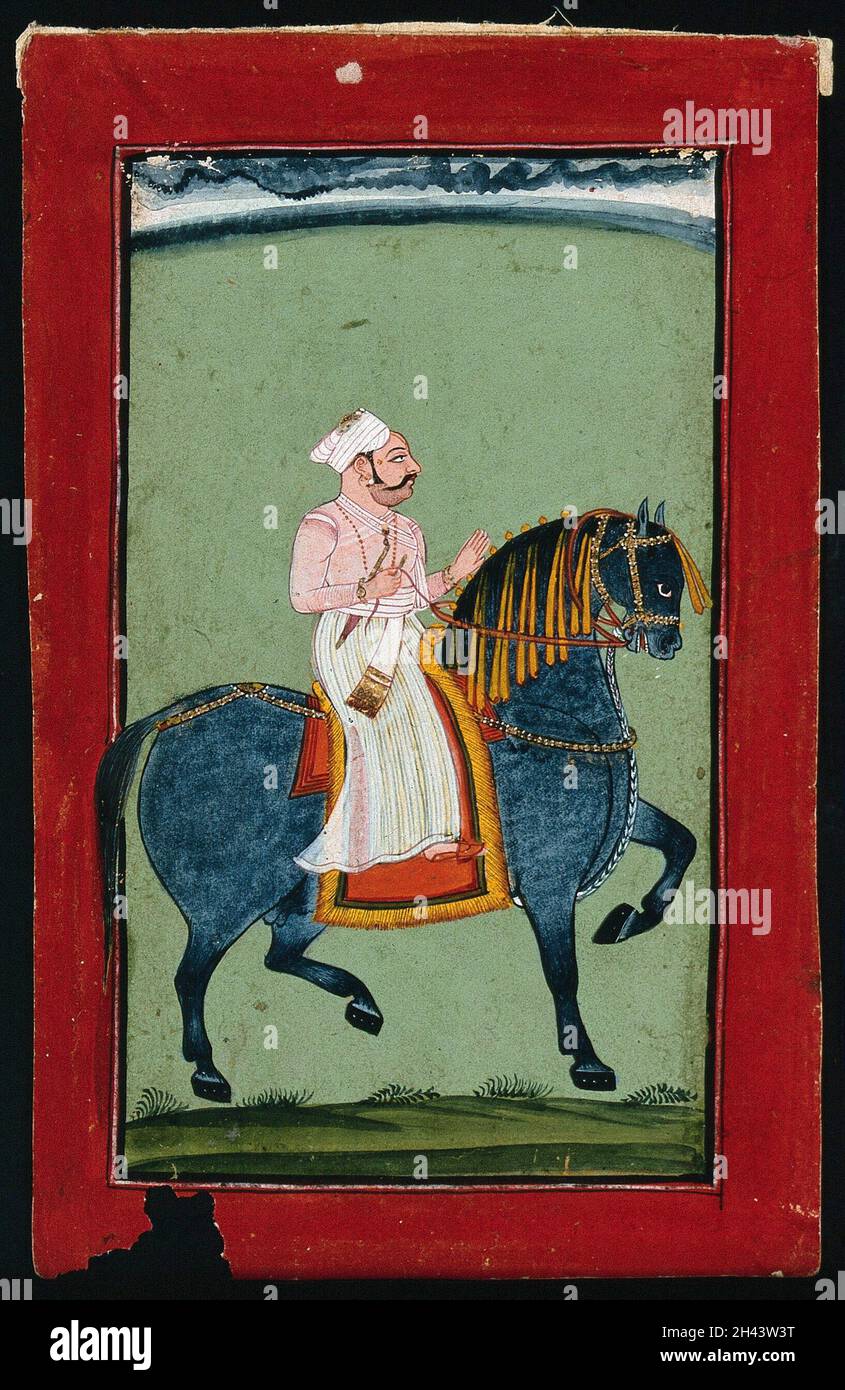 A Rajput nobleman riding a horse. Gouache painting by an Indian painter ...