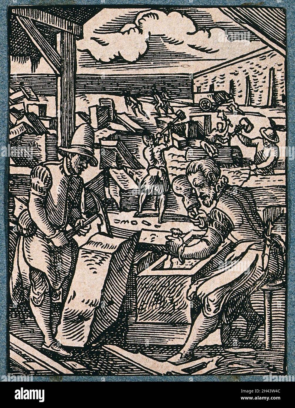 Stone masons working on blocks of stone, making gravestones and coffins ...