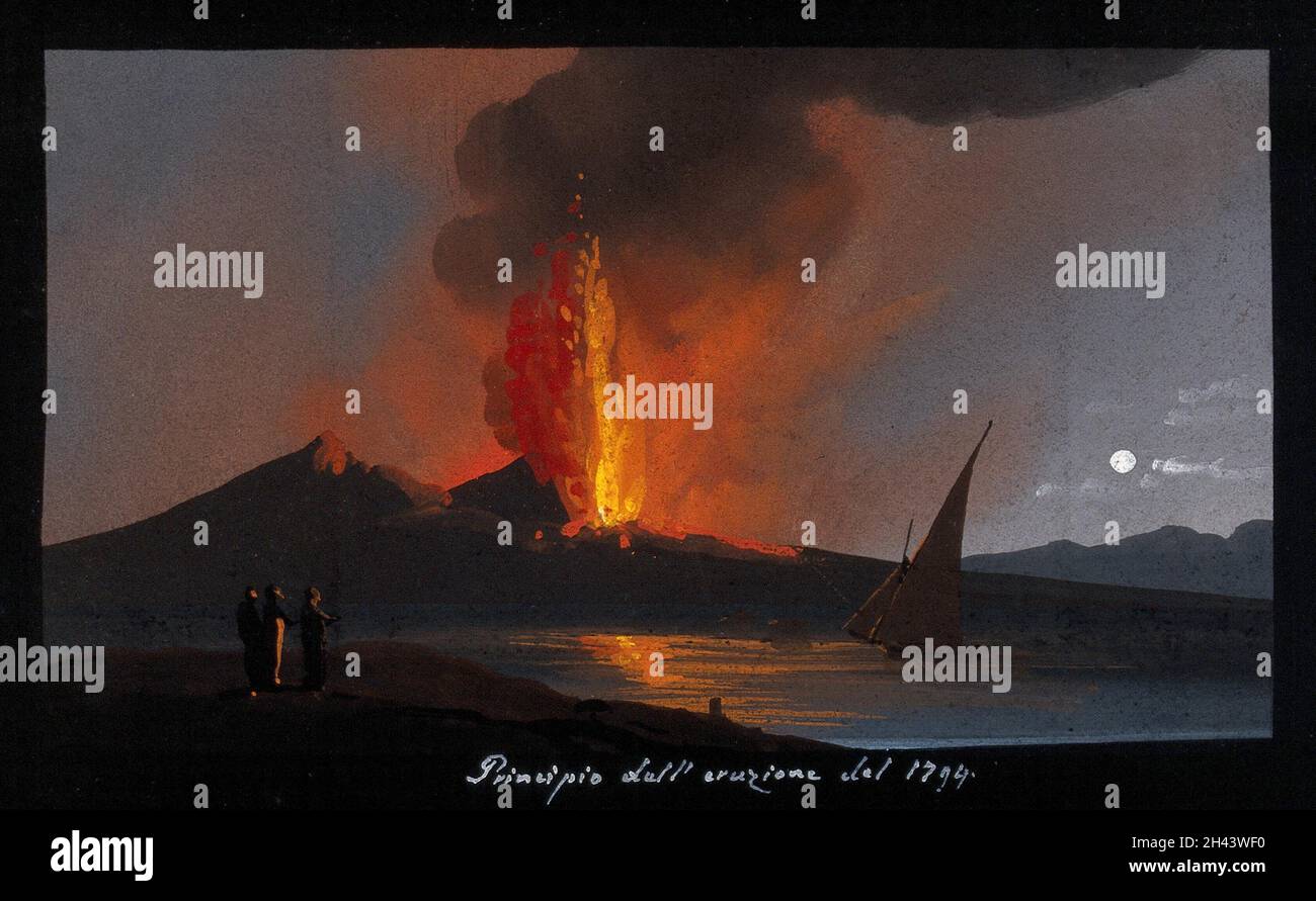 Mount Vesuvius in eruption at night, with smoke, fire, and lava, over ...