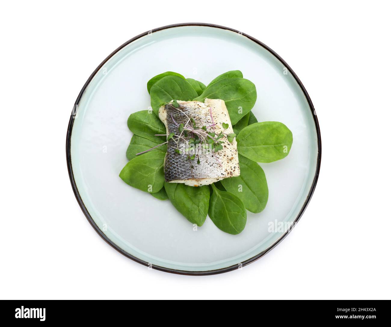 Plate of tasty sea bass fish on white background Stock Photo - Alamy