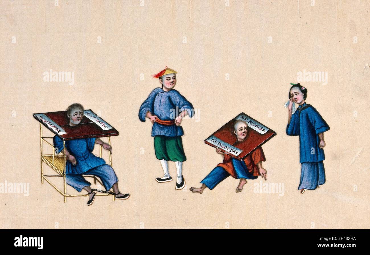 Two Chinese prisoners with their necks enclosed in stocks known as the ...