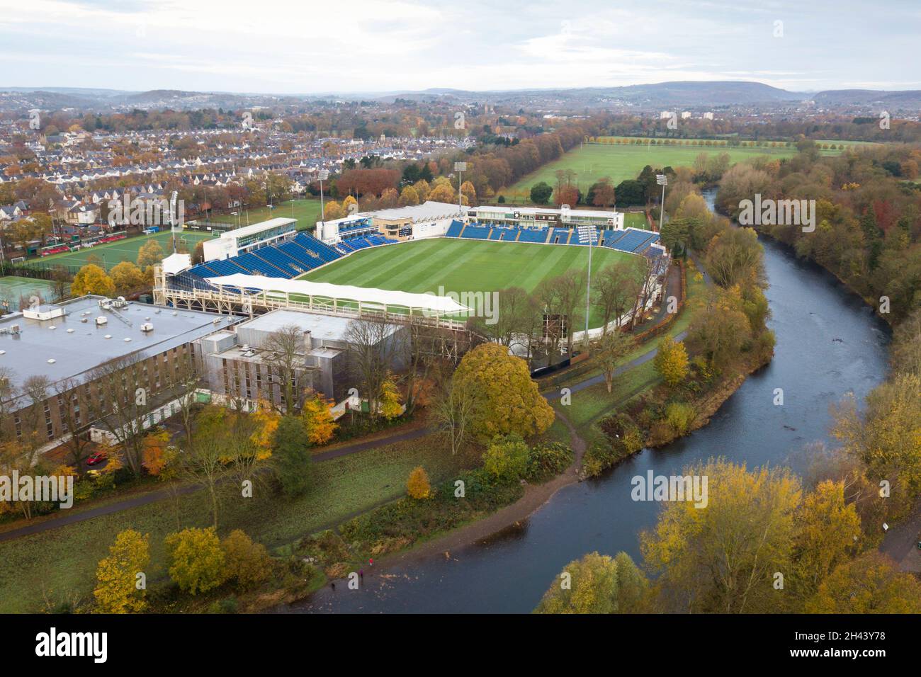 An aerial view of the Swalec Stadium in Cardiff, Wales, United Kingdom ...