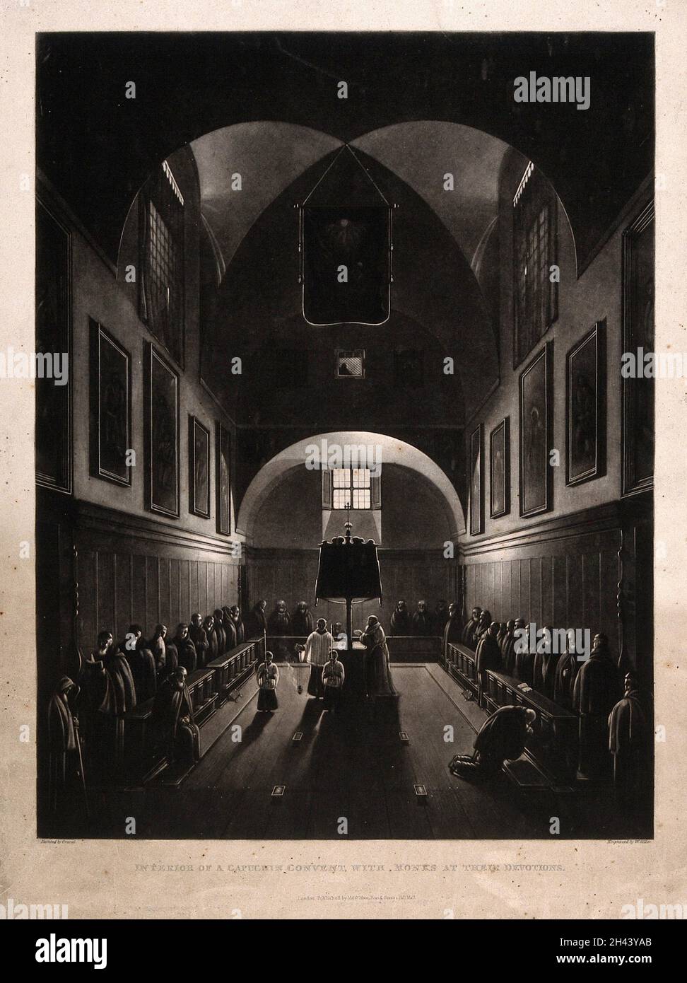 The interior of a Capuchin monastery, with monks at their devotions ...