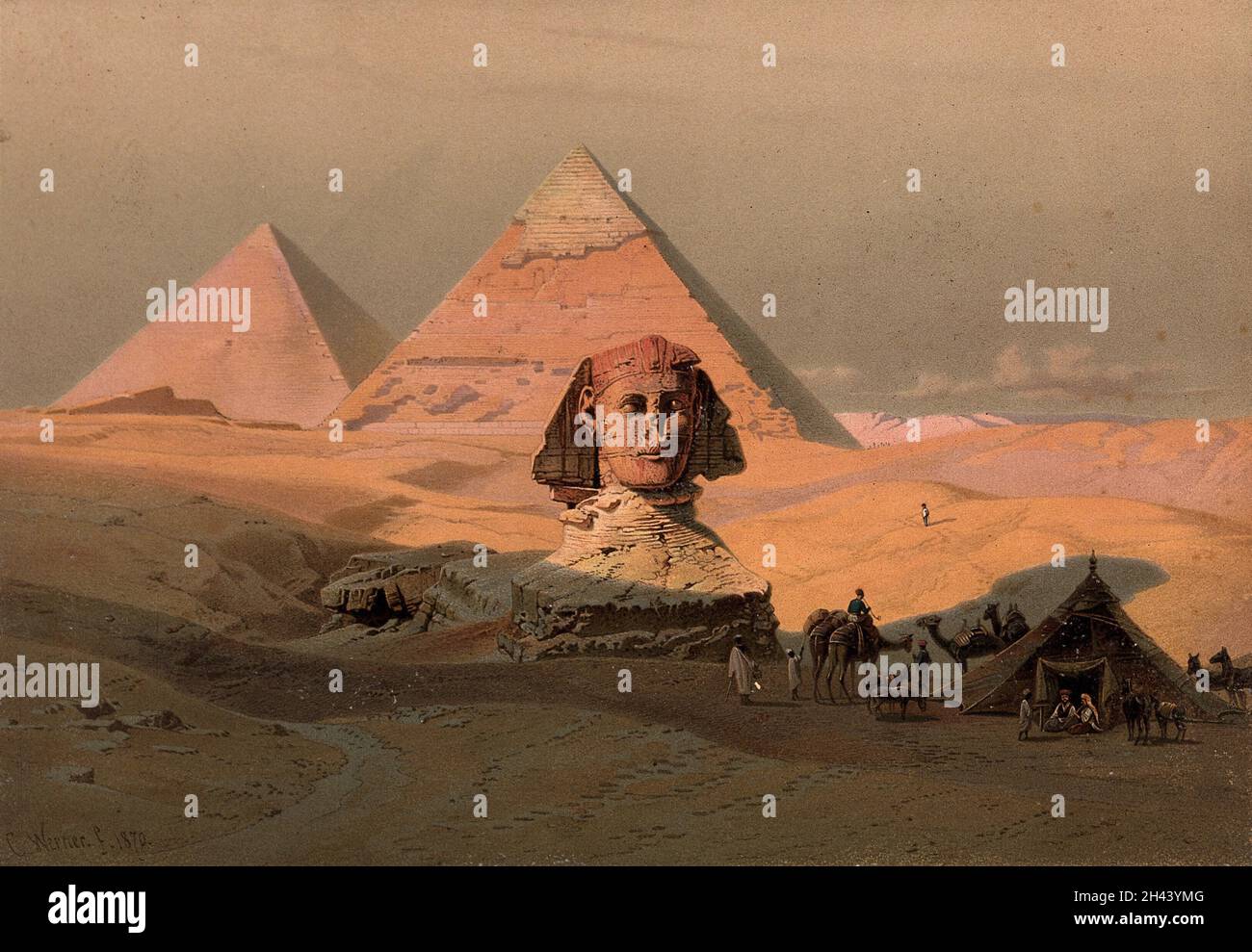 Egypt: the pyramids at Giza and the Sphinx. Colour lithograph by G.W ...