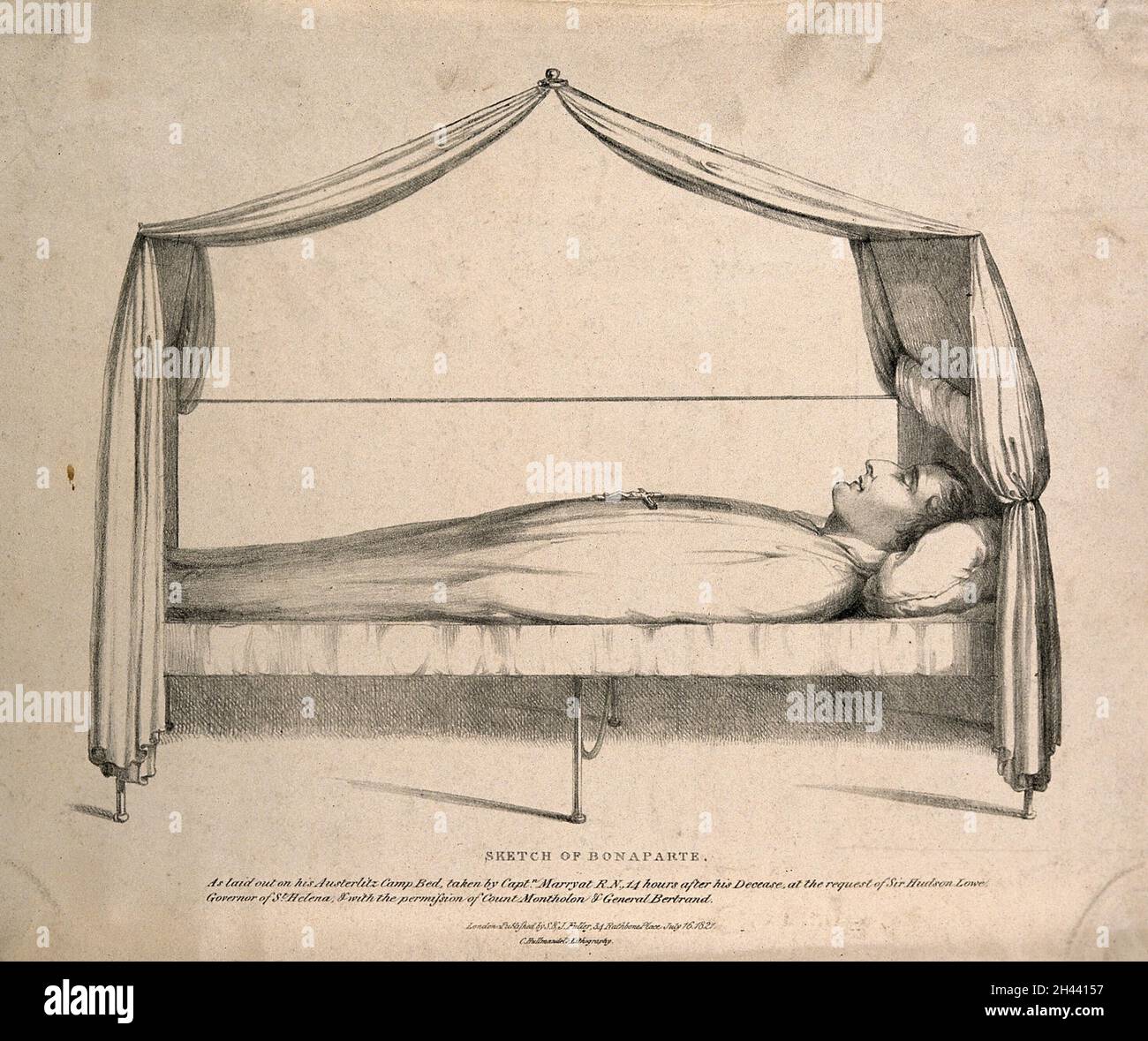 The body of Napoleon Bonaparte laid out after death, 1821. Lithograph ...