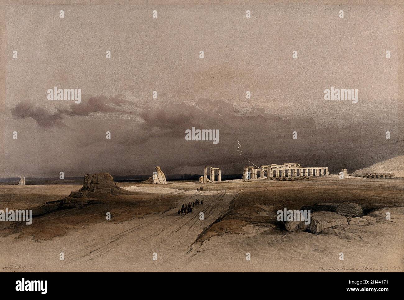Lightning over the ruins at Memnonium at Thebes, Egypt. Coloured ...
