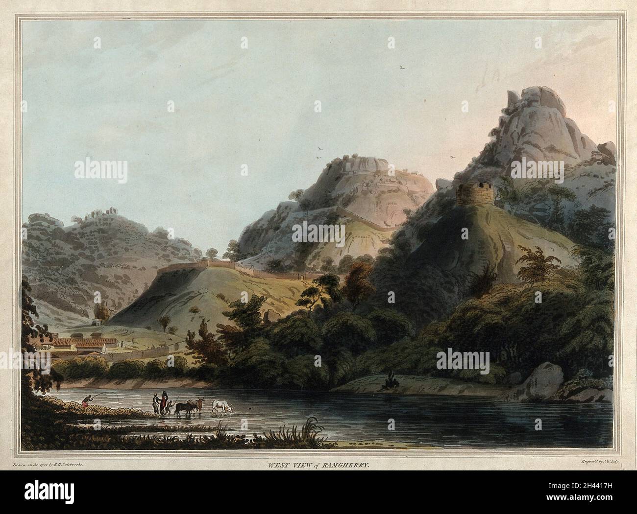 Mountains at Ramagiri, near Mysore, Karnataka. Coloured aquatint by ...