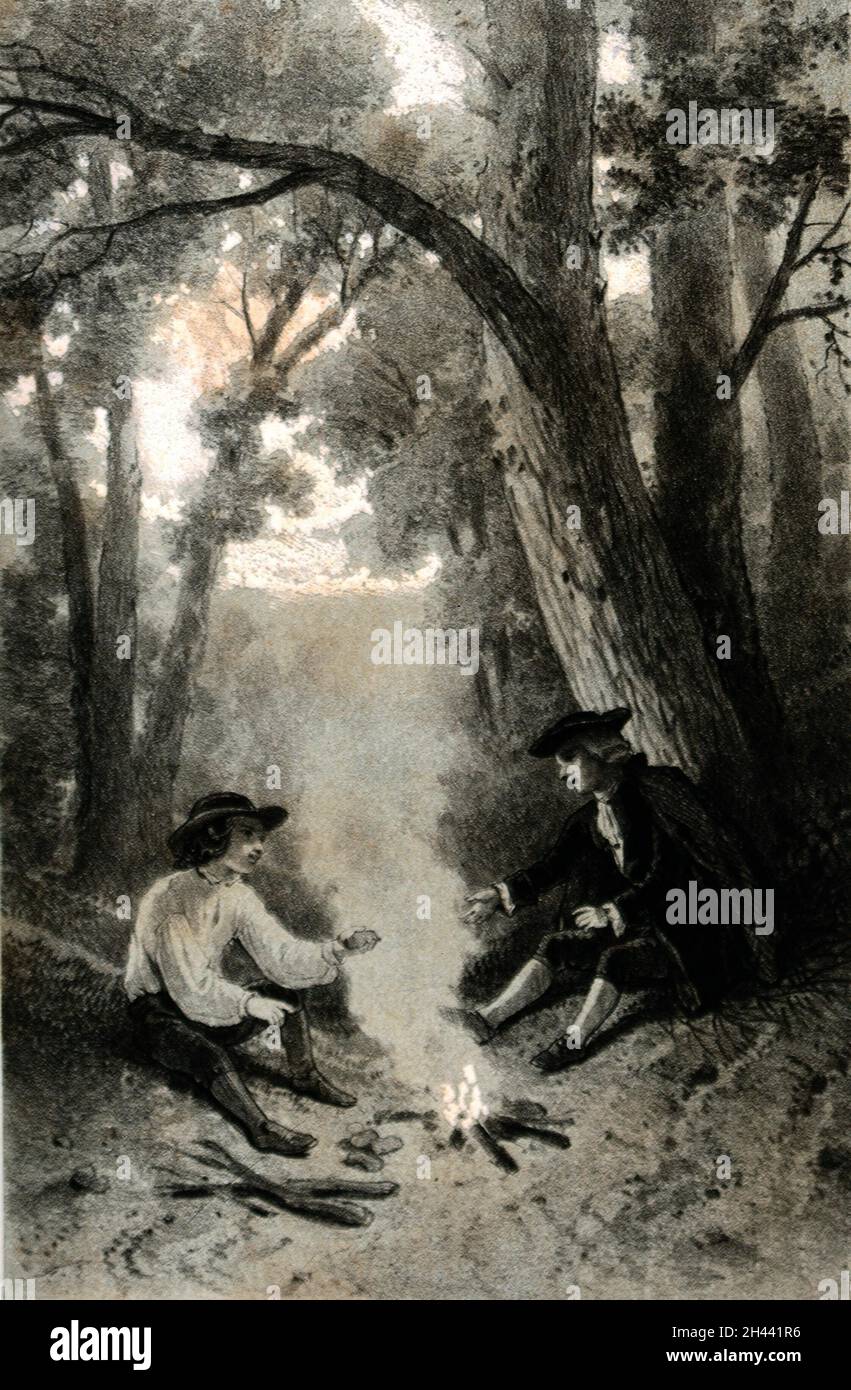 Two young men sit over a fire in a wood. Colour lithograph Stock Photo ...