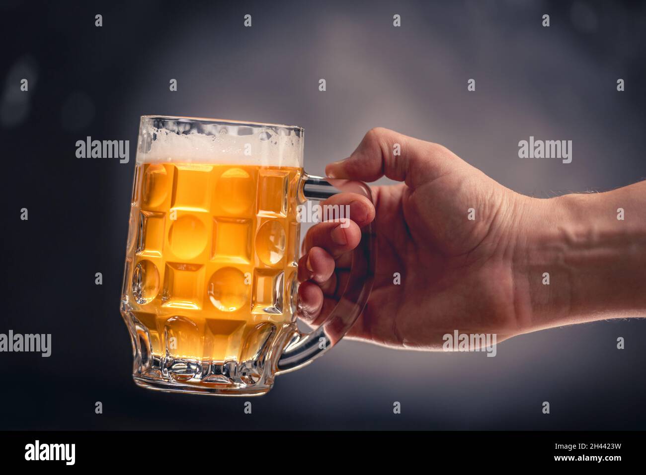 Hand holding beer mug Stock Photo - Alamy
